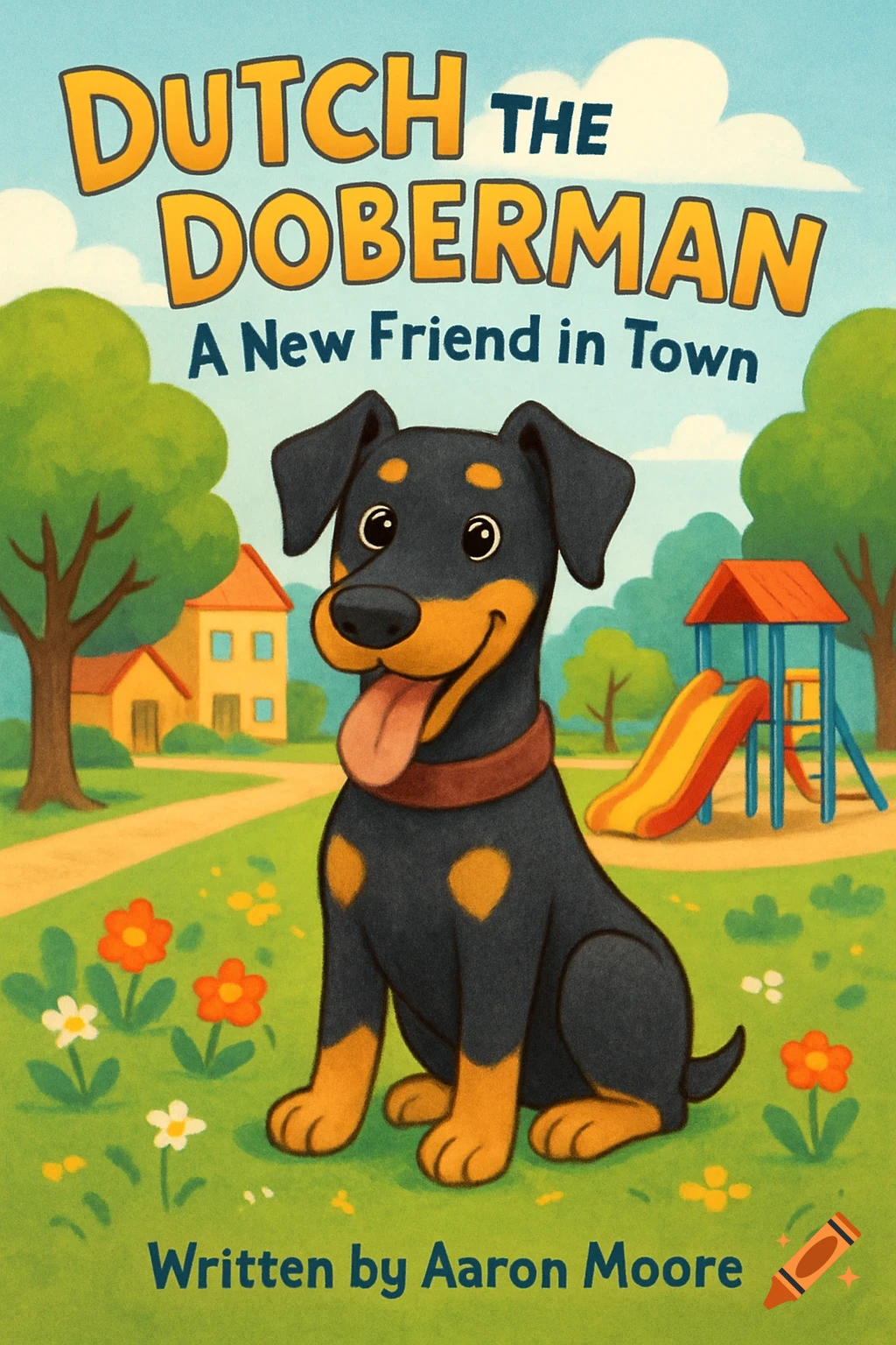 Illustration of a children's book cover featuring a cartoon Doberman in ...