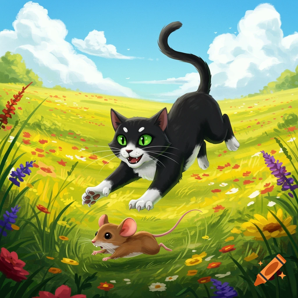Cartoon tuxedo cat chases a mouse through a sunny field of flowers. on Craiyon