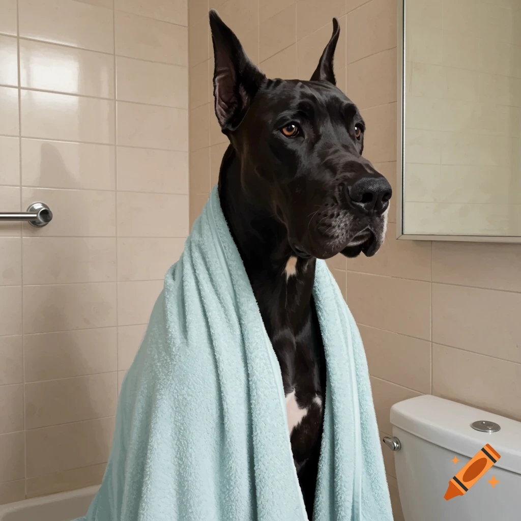 A black Great Dane dog wrapped in a blue towel sits in a bathroom. on Craiyon