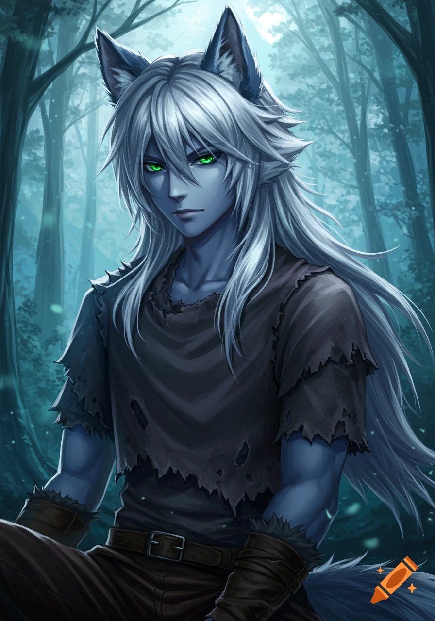 Anime Wolf Boy With White Hair And Green Eyes Sits In A Forest On Craiyon