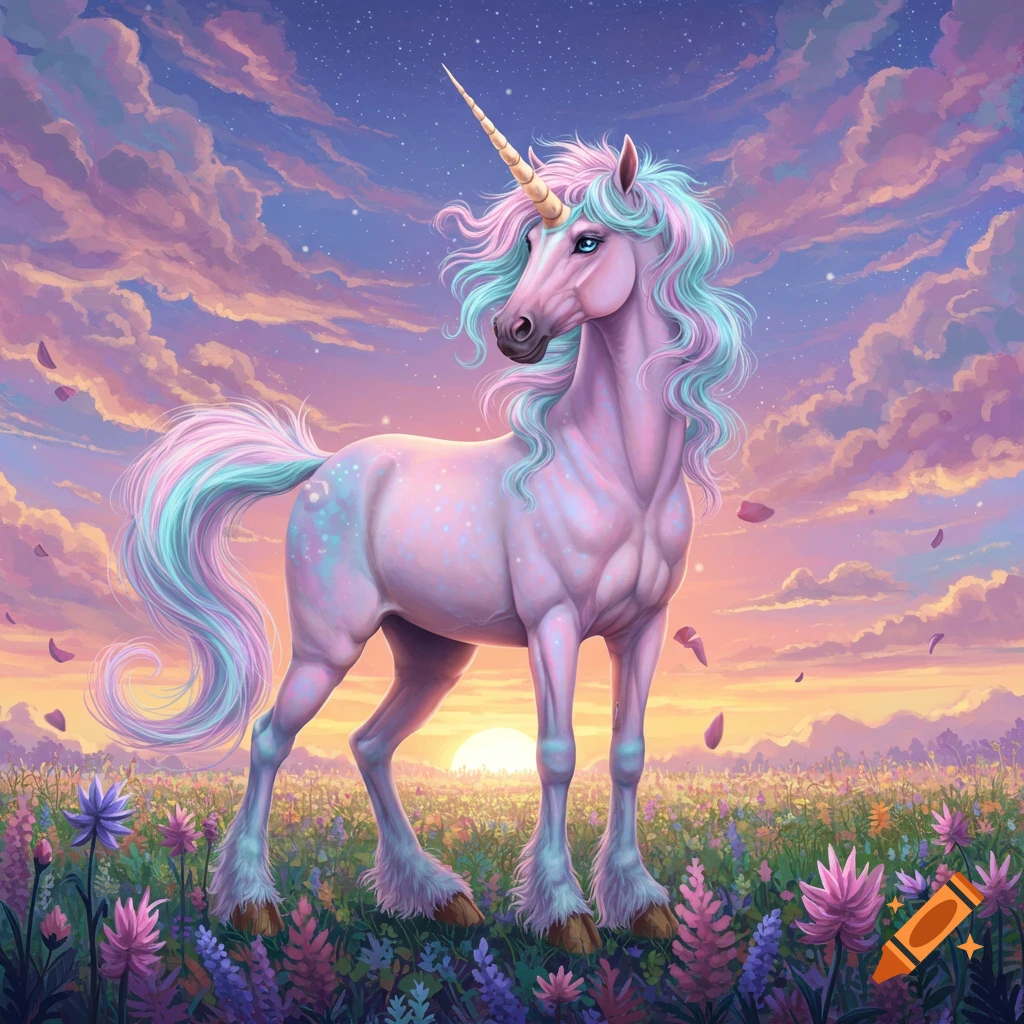 A magical pink and blue unicorn stands in a field of colorful flowers at sunset. on Craiyon