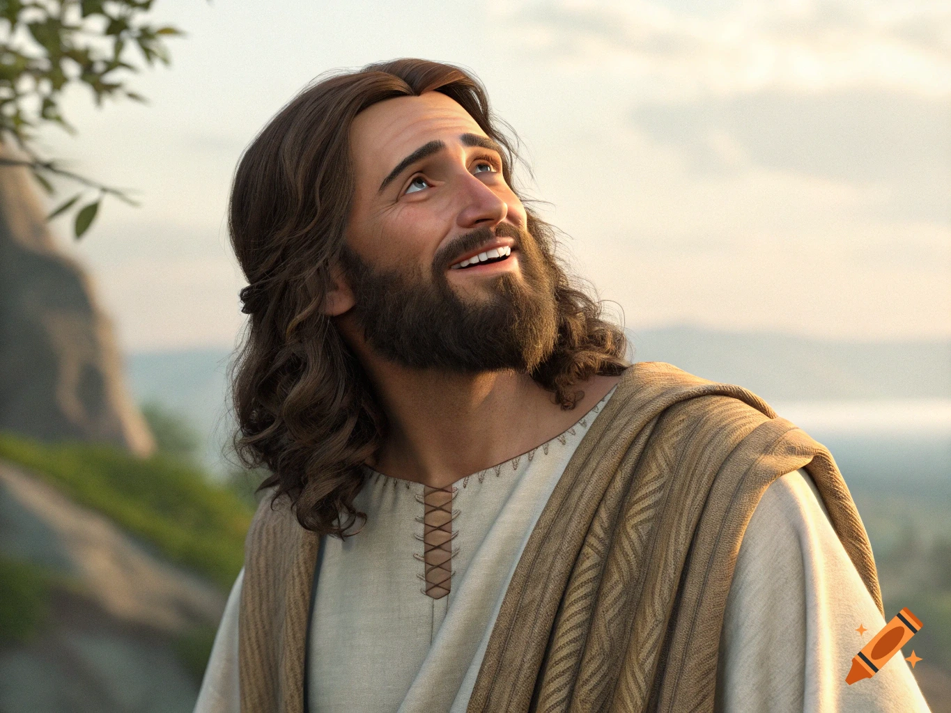 Realistic 3D animation of Jesus looking up and smiling. on Craiyon
