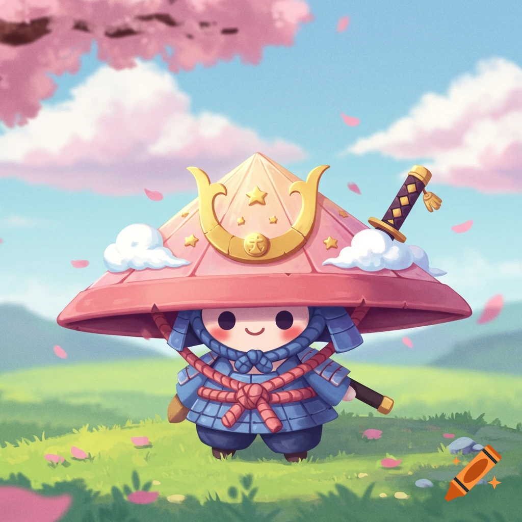 Cute chibi samurai character under cherry blossoms with a sword. on Craiyon