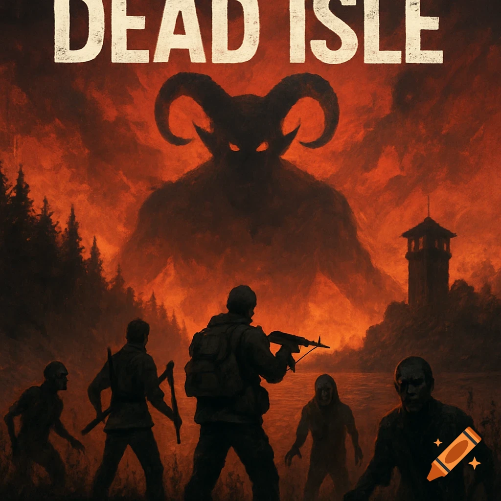 Title 'DEAD ISLE' above soldiers battling zombies under a giant horned ...