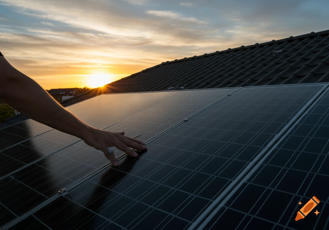 Hand touching solar panels on a roof at sunset on Craiyon