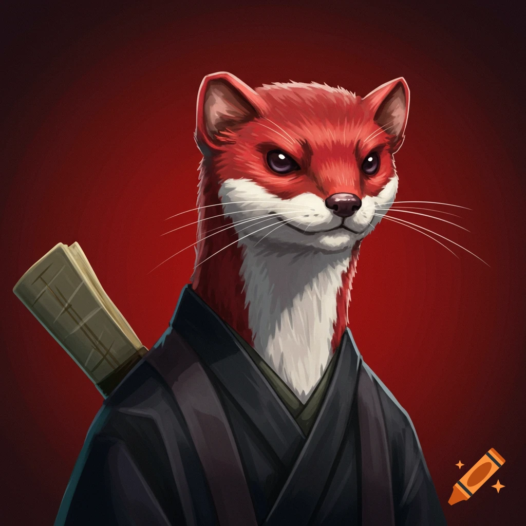 Illustration of a red and white weasel wearing a black Japanese coat ...