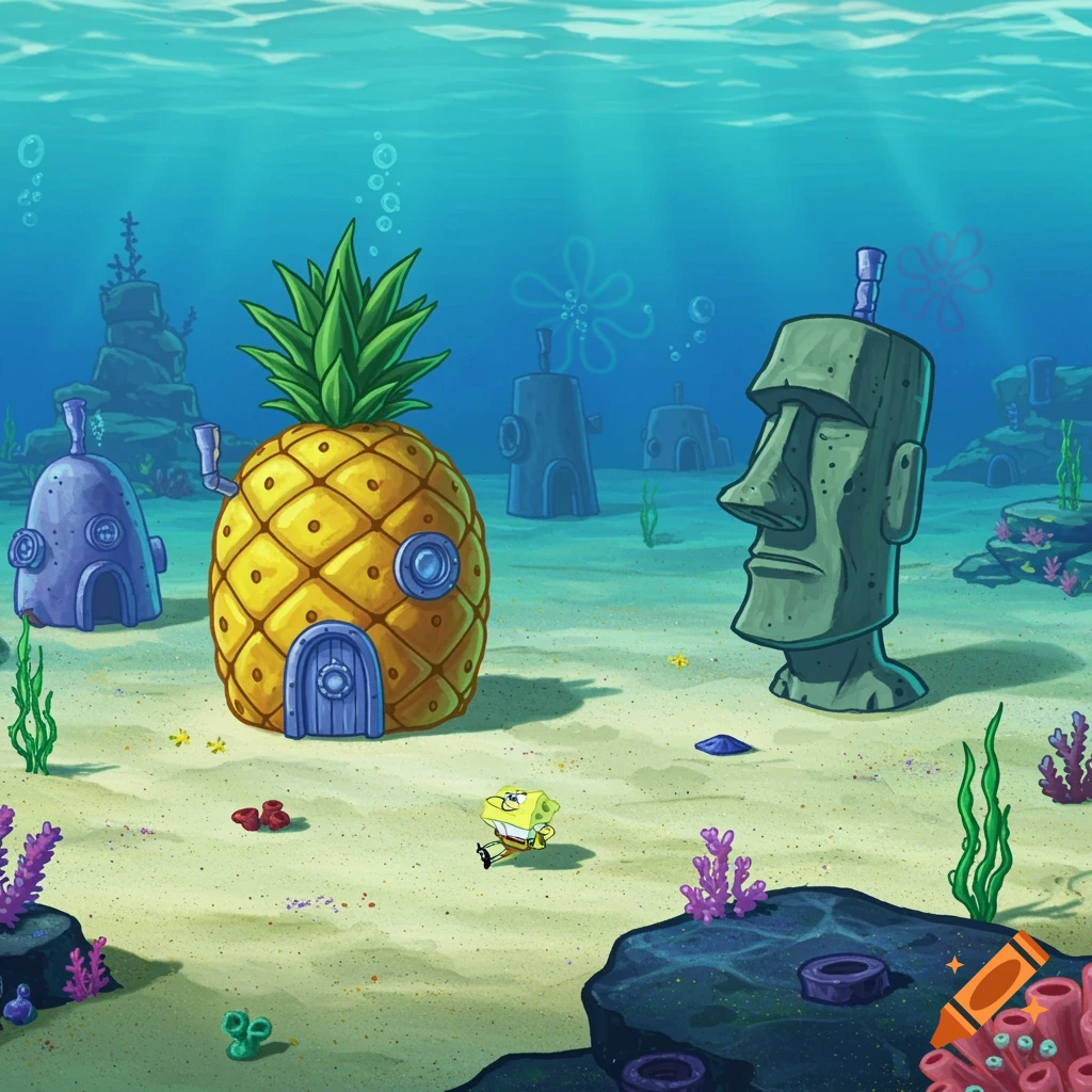 Spongebob runs past his pineapple house and Squidward's moai house in ...