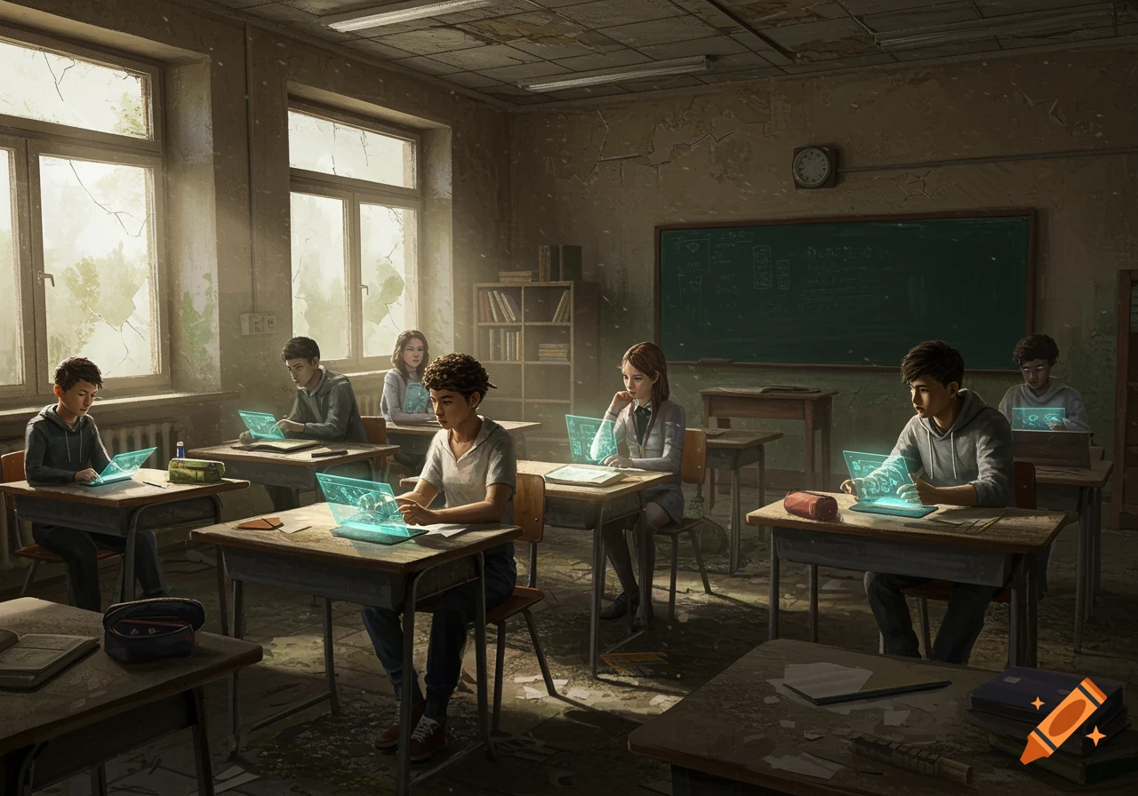 Students use futuristic holographic computers in a dilapidated ...