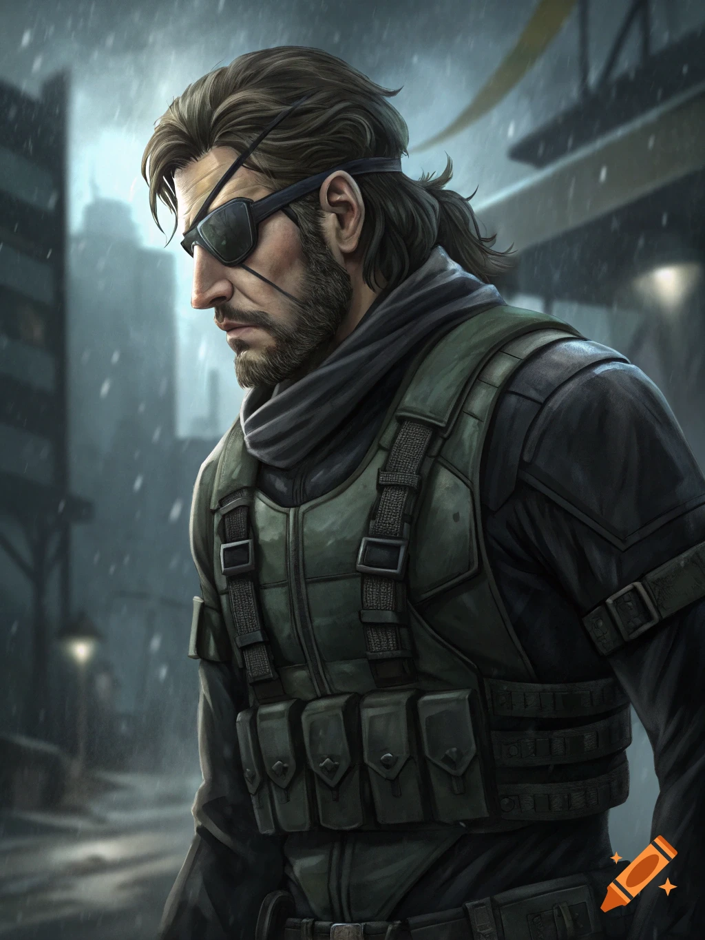 Portrait of a man resembling Solid Snake wearing tactical gear in a ...