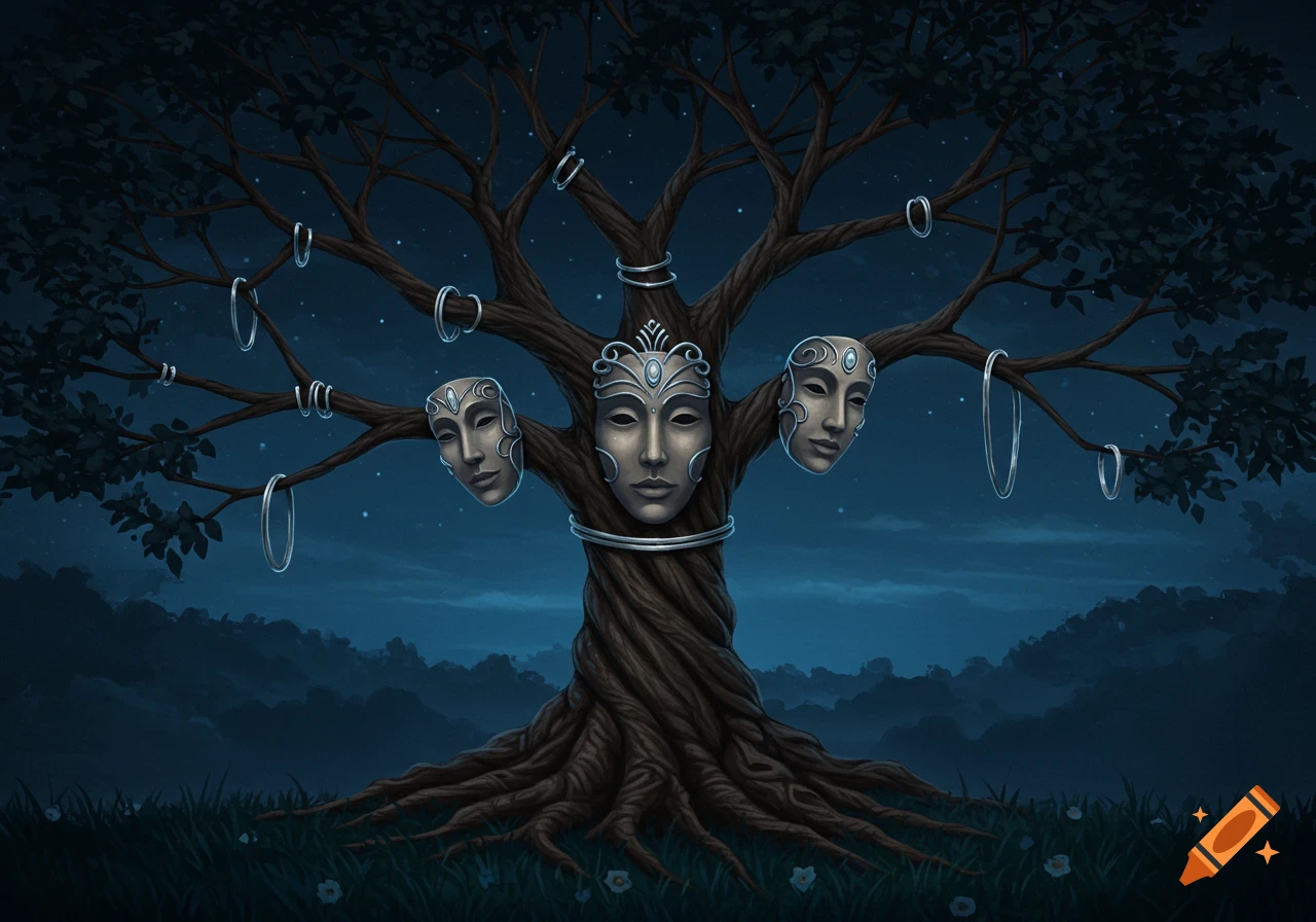 A mystical tree with three mask-like faces and silver rings hanging ...
