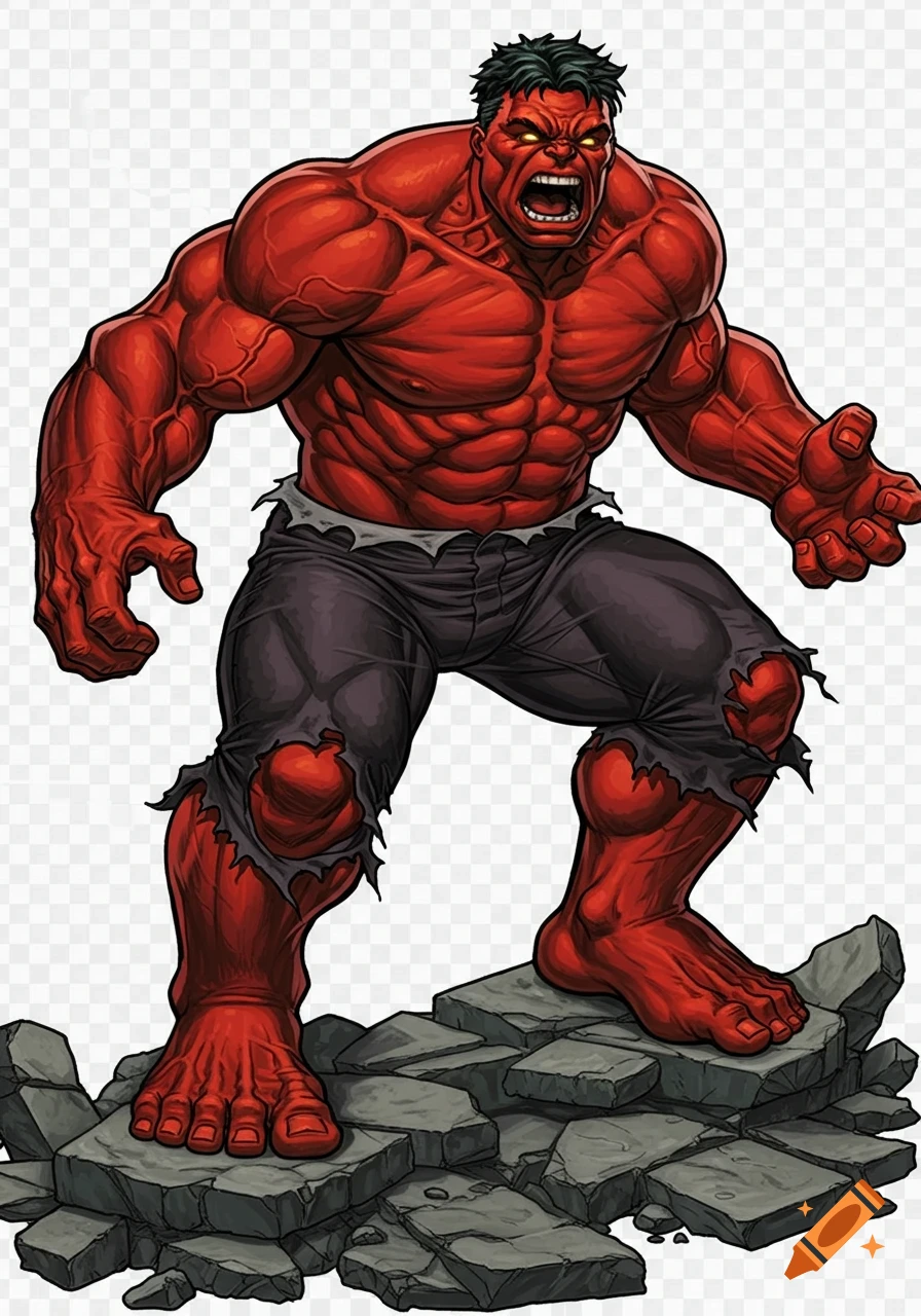 Illustration of Red Hulk standing on rubble, roaring, in a graphic ...