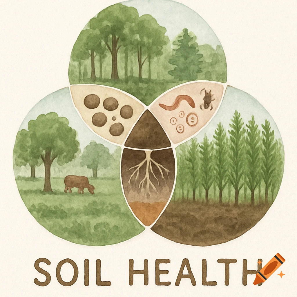 Watercolor illustration of a Venn diagram about soil health concepts ...