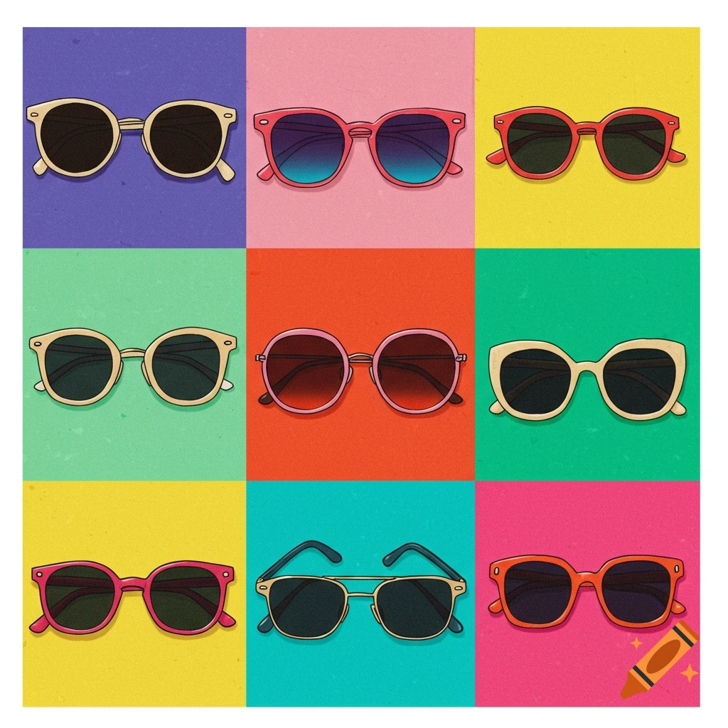 Illustrated 3x3 grid showing 9 different pairs of sunglasses on bright ...