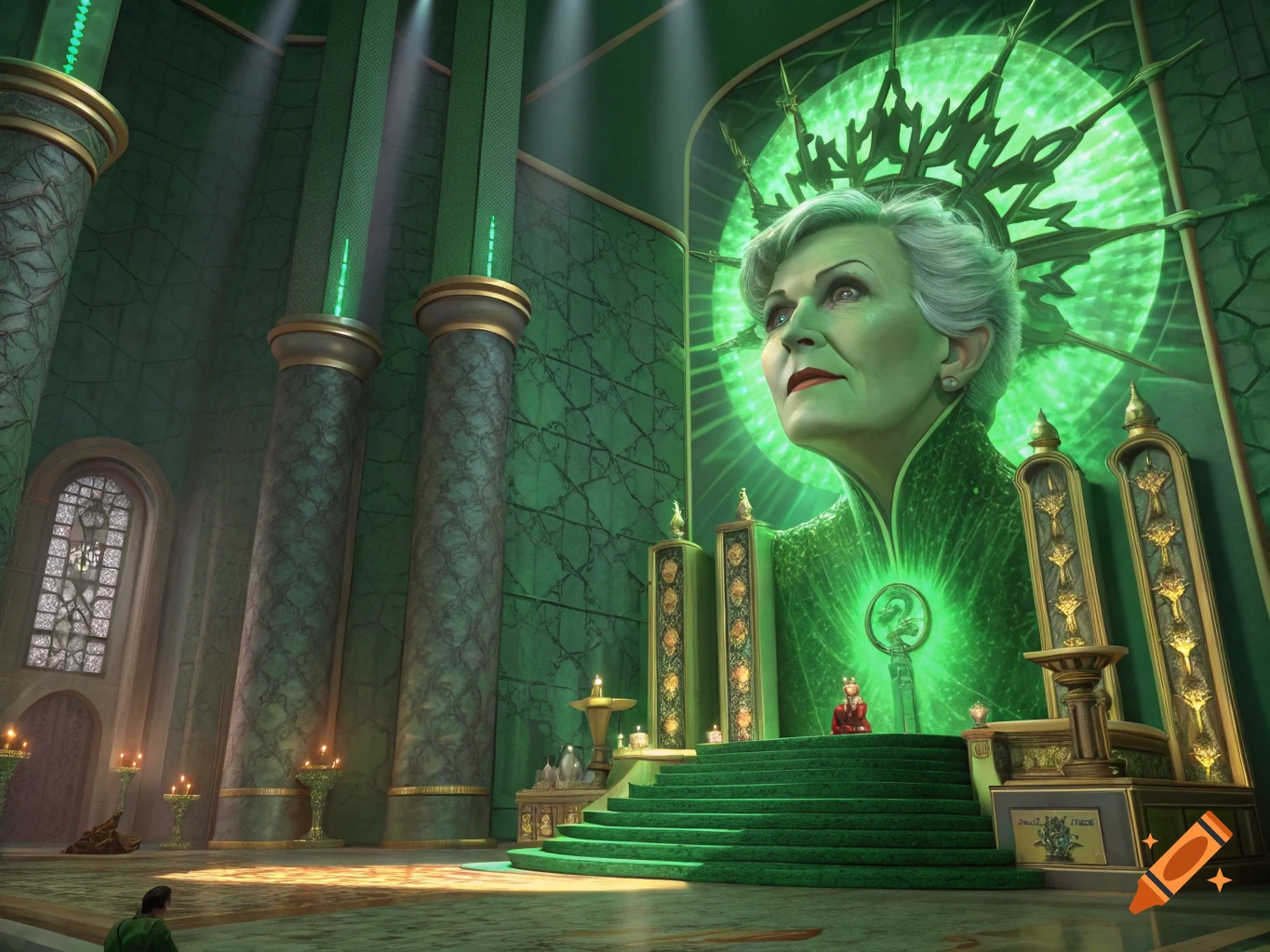Giant glowing green face of a woman projected in a grand Emerald City ...