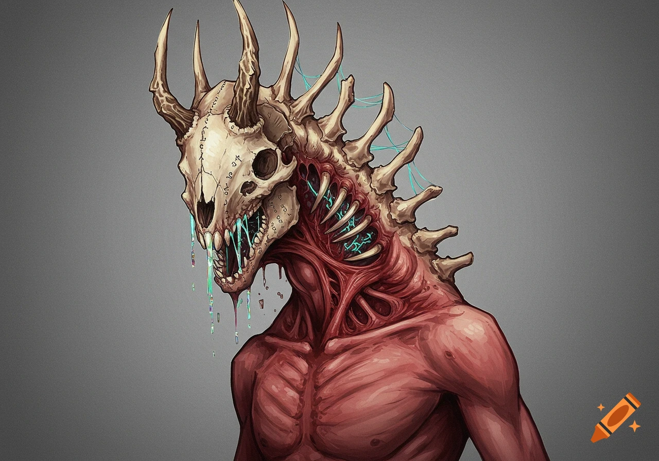 Stylized illustration of a grotesque bone creature with exposed muscles ...