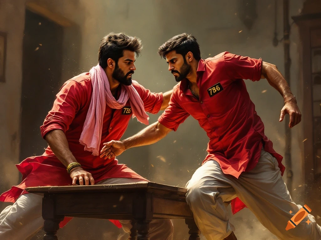 Two men in traditional Indian clothing fighting over a table in a ...