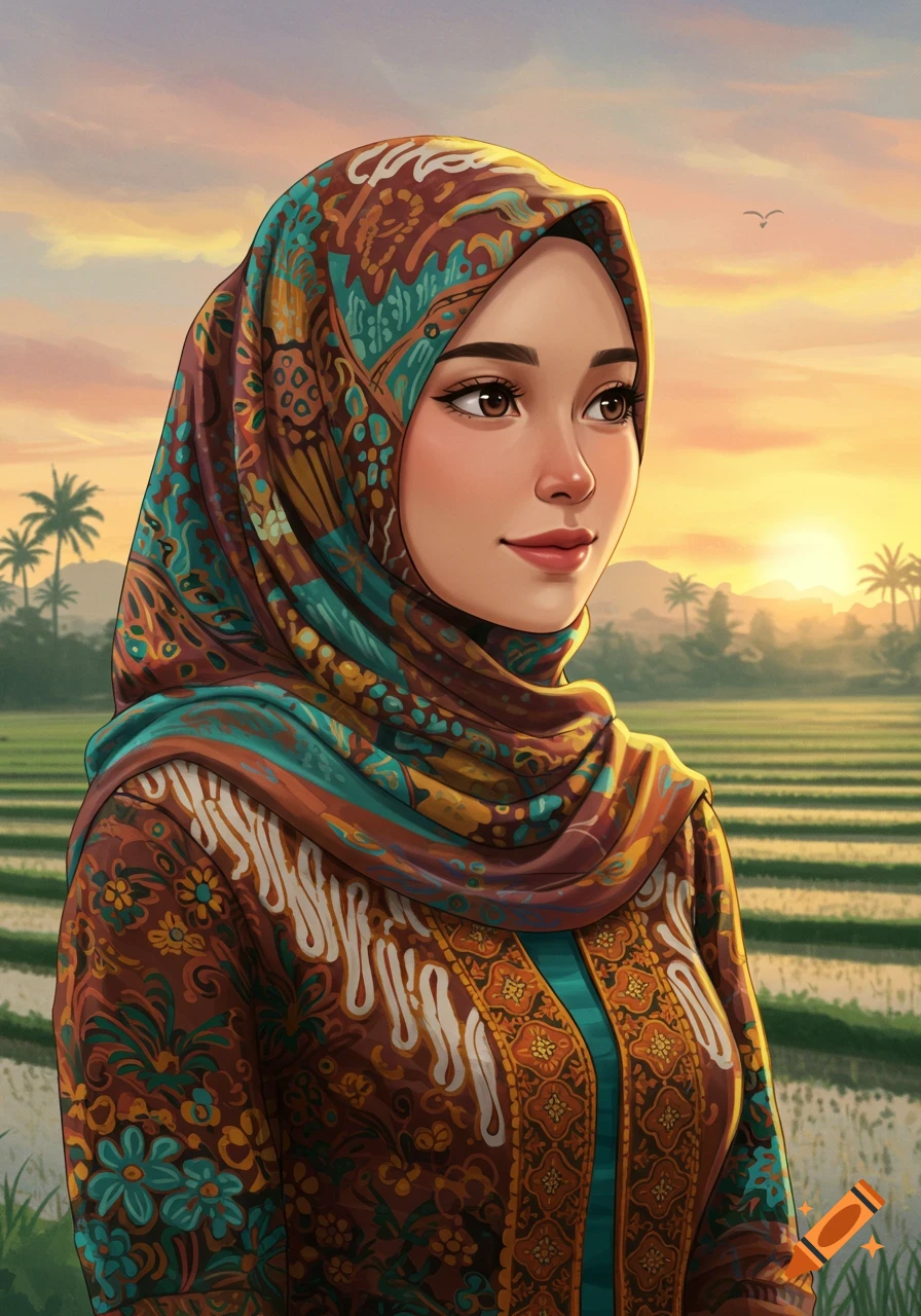 Illustration of a woman in a hijab and Indonesian batik clothing ...