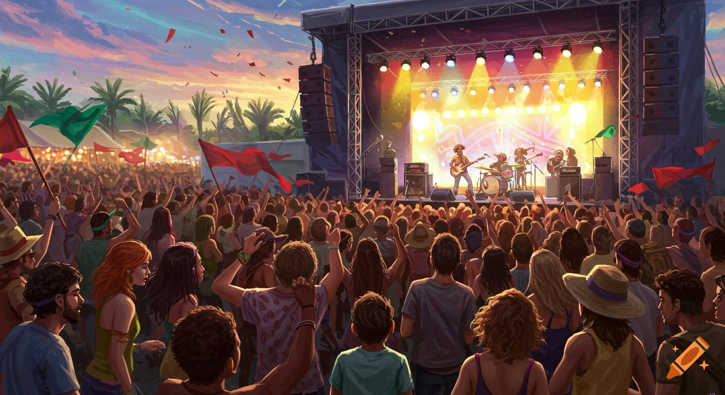 Large crowd watches a band perform on stage at an outdoor music ...