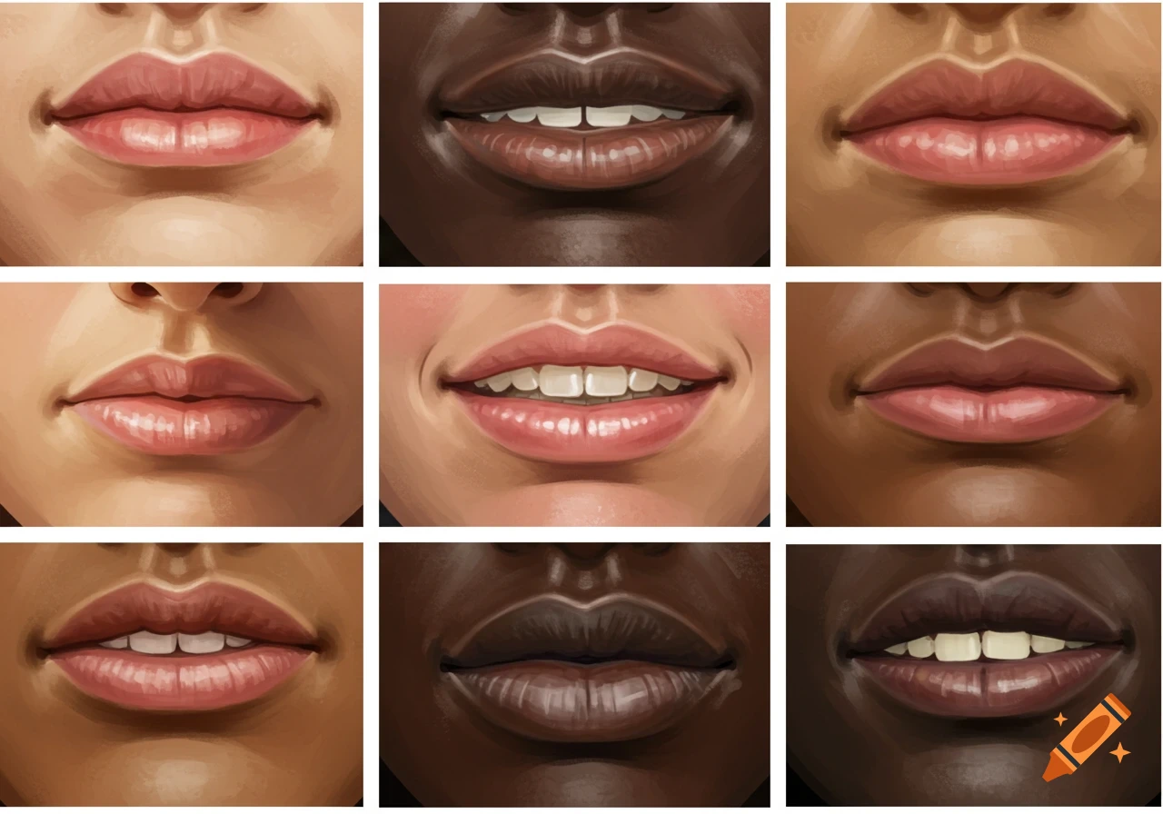 Grid of nine close-up illustrations of human mouths and lips showing ...