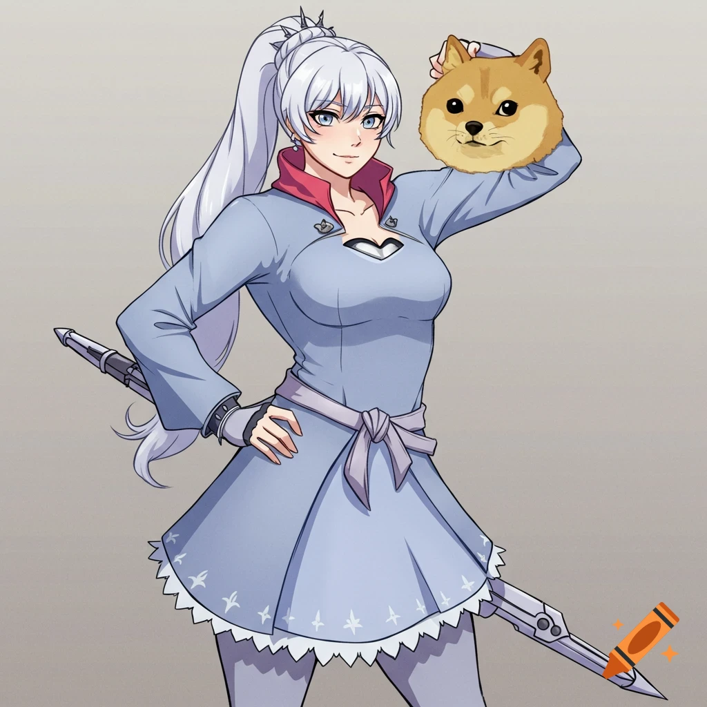 Anime style illustration of Weiss Schnee from RWBY holding a Doge meme ...