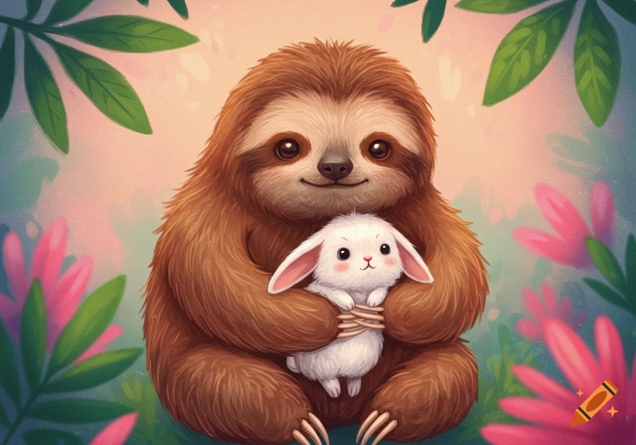 A cute brown sloth sits holding a small white bunny rabbit in a jungle ...