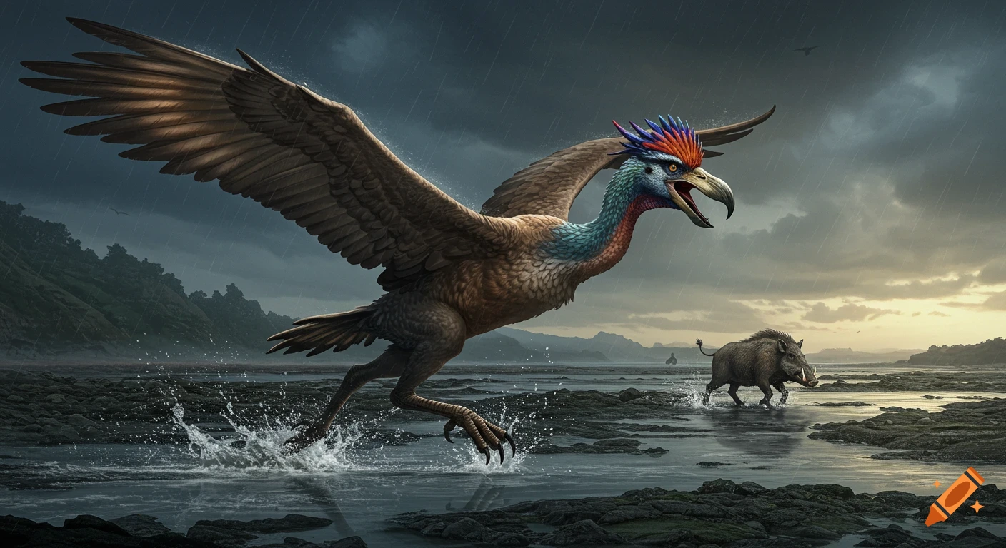 A large fantasy bird-like creature runs through shallow water in a ...