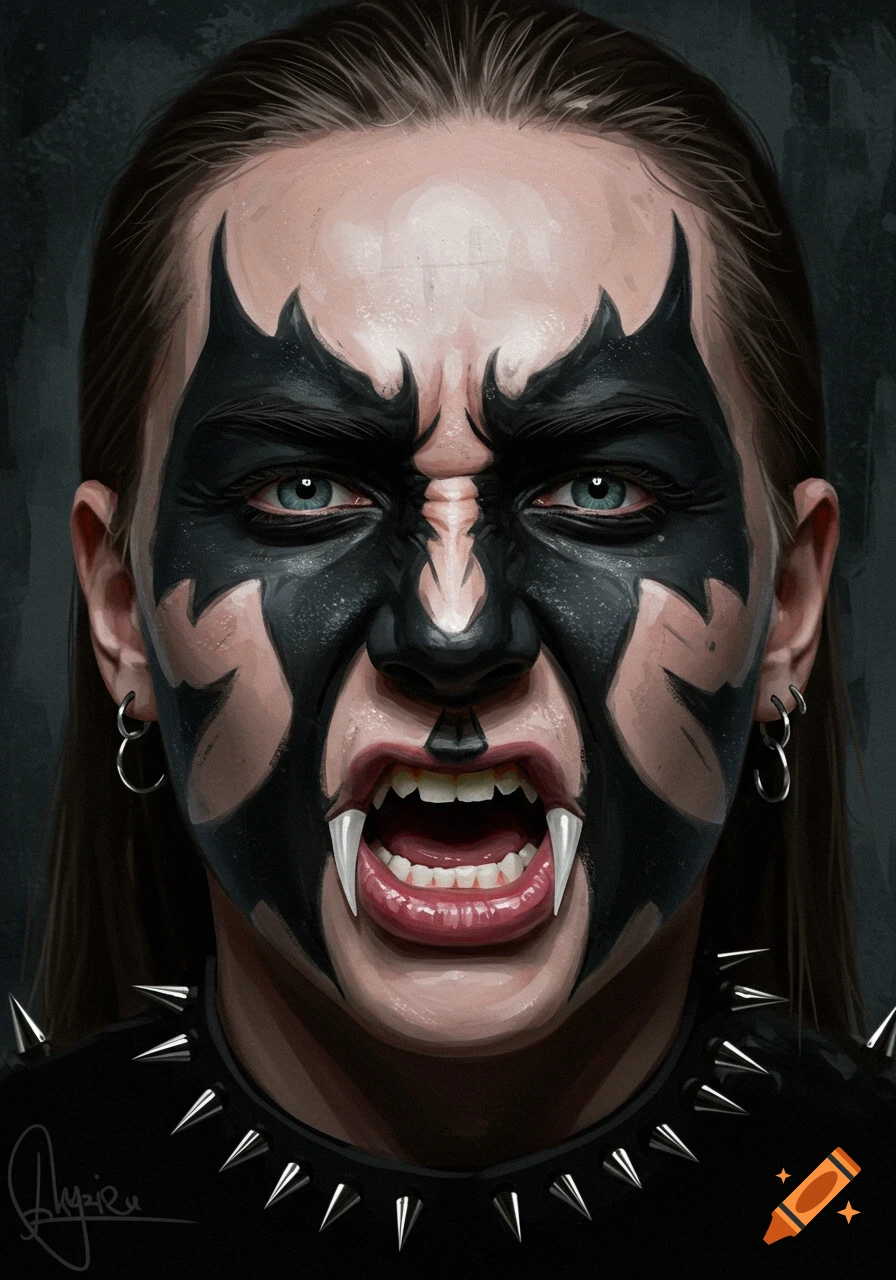 Close-up digital painting of a person with black metal sabertooth face ...