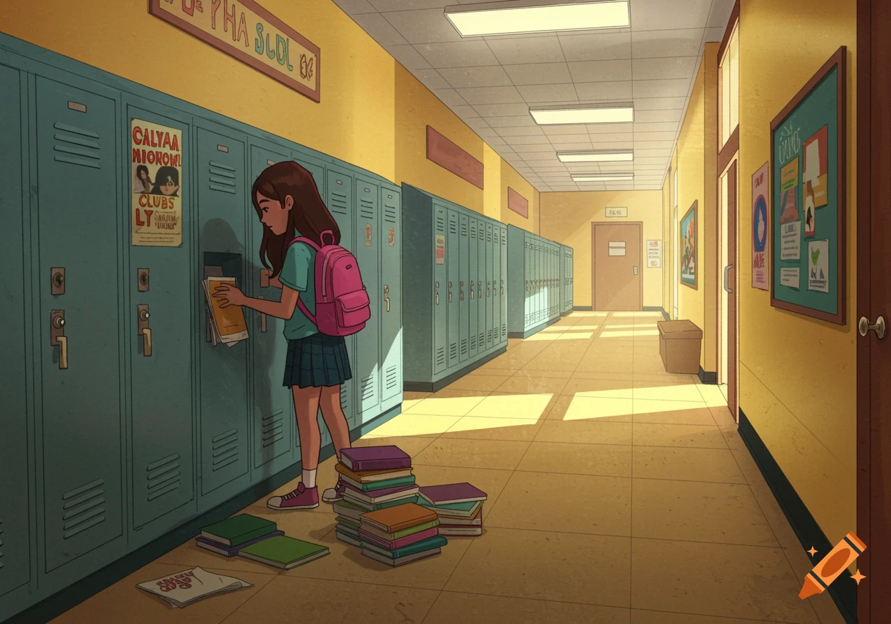 Anime style illustration of a student putting a book in a locker in a ...