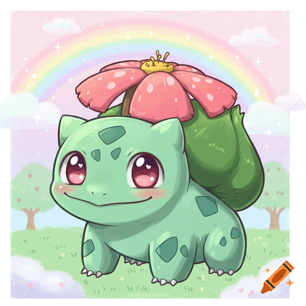 Cute cartoon Bulbasaur with a flower on its back in a field with a ...