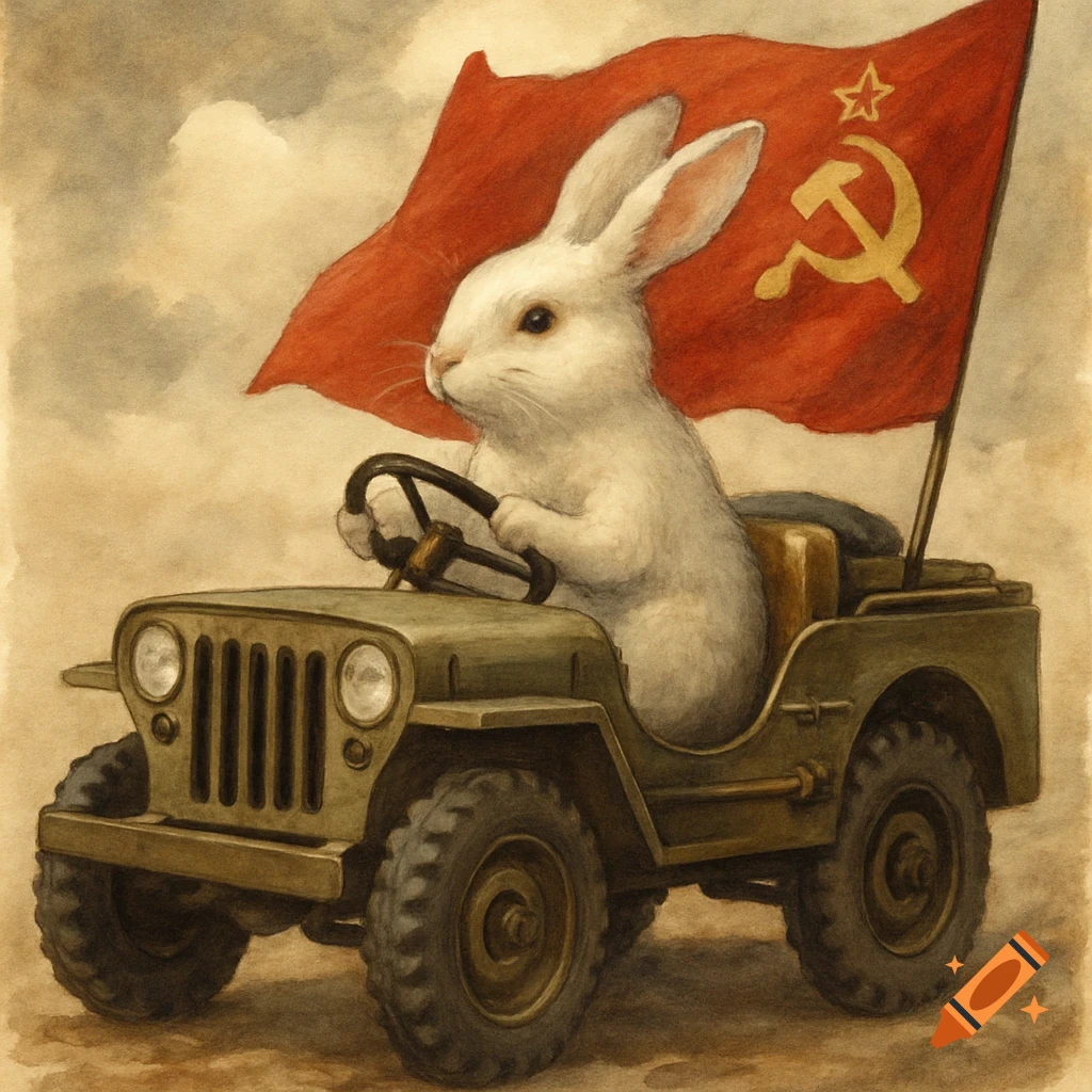 Illustration of a white rabbit driving a military jeep with a large ...
