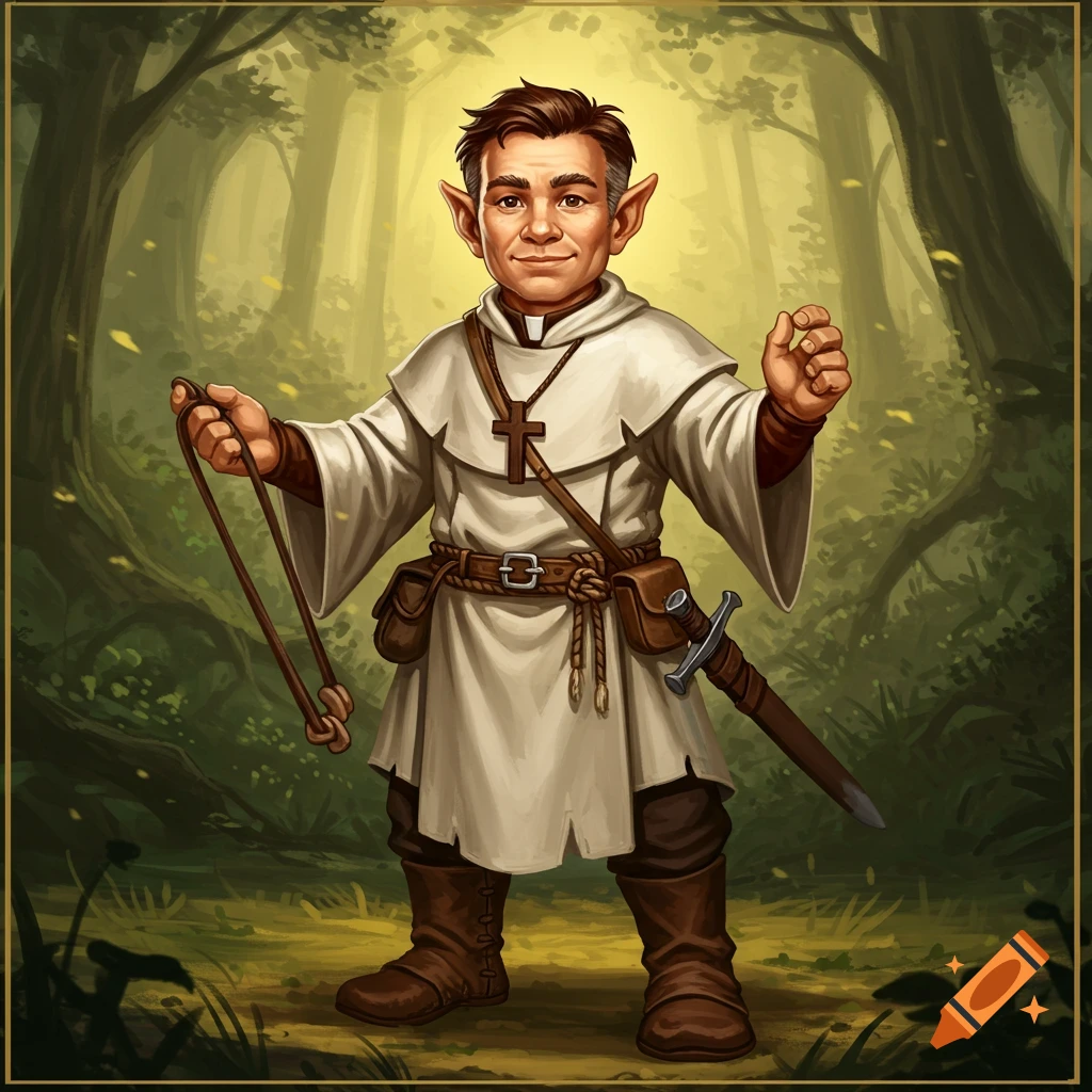 A Halfling priest with a sling and sword stands in a forest. on Craiyon