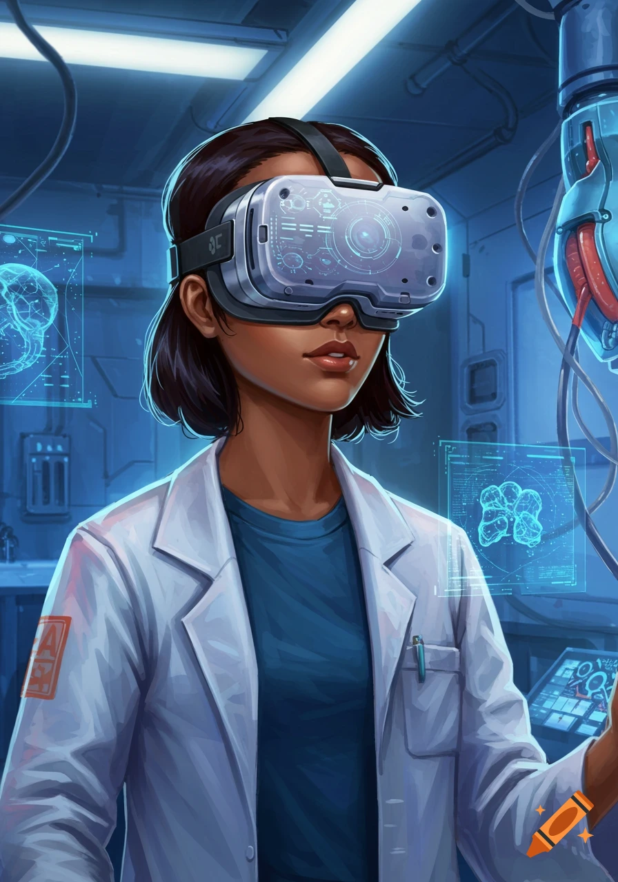 A futuristic scientist wears a VR headset while viewing holographic brain displays in a lab. on ...