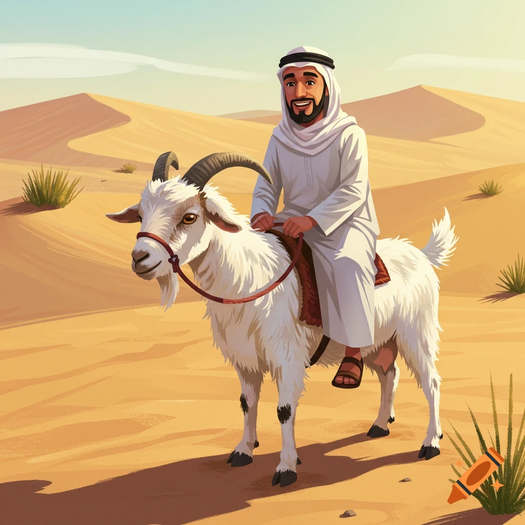 Illustrated scene of a man riding a goat in a desert. on Craiyon