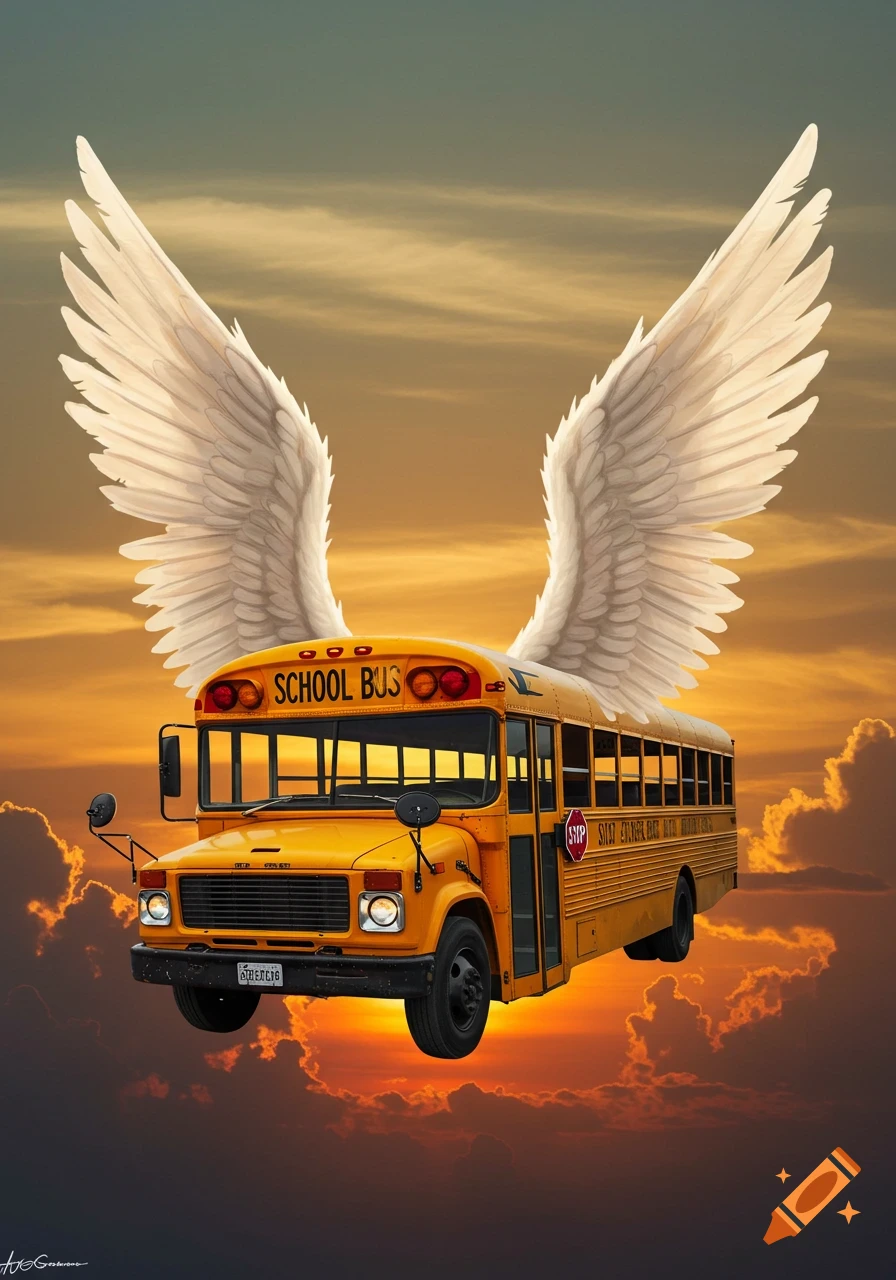 A yellow school bus with large white angel wings flies through a ...