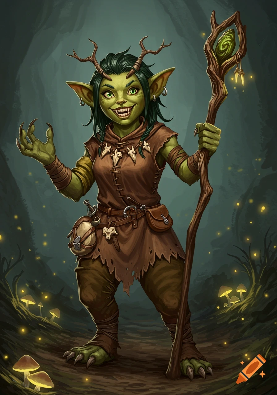 Illustration of a female goblin-like creature with antlers and fangs ...