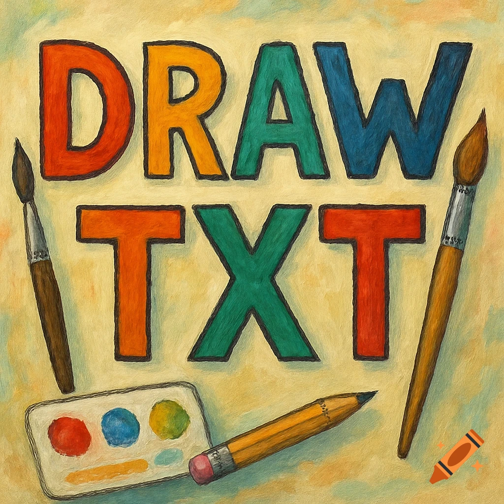 Painting of colorful text DRAW TXT with paintbrushes, paint tray, and ...