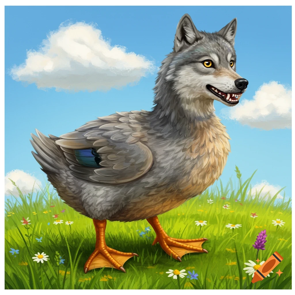 Illustrative painting of a wolf-duck hybrid creature in a grassy field ...
