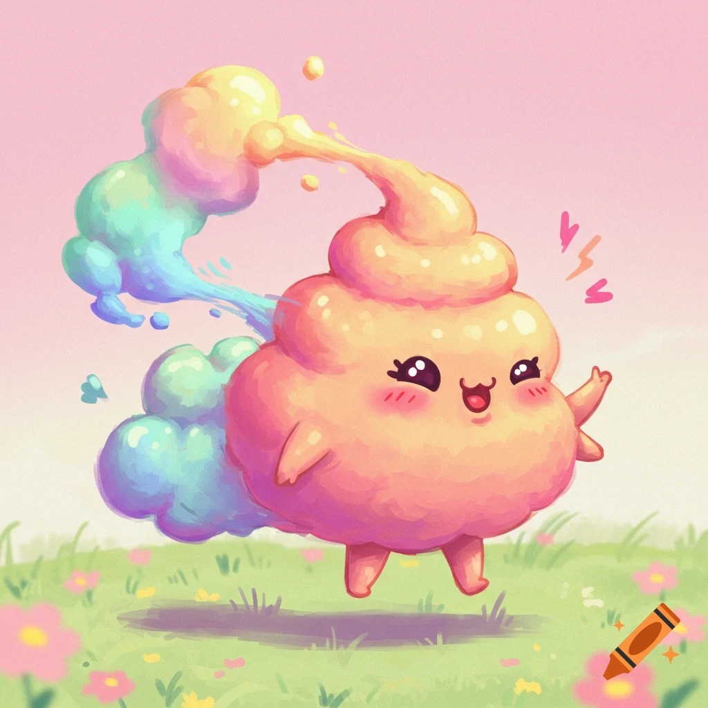 Cute cartoon character resembling poop with rainbow gas in a field. on ...