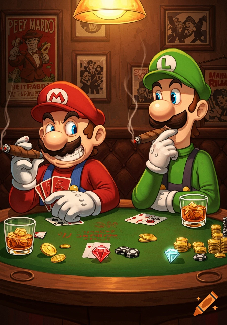 Illustration of Mario and Luigi smoking cigars, drinking, and playing ...