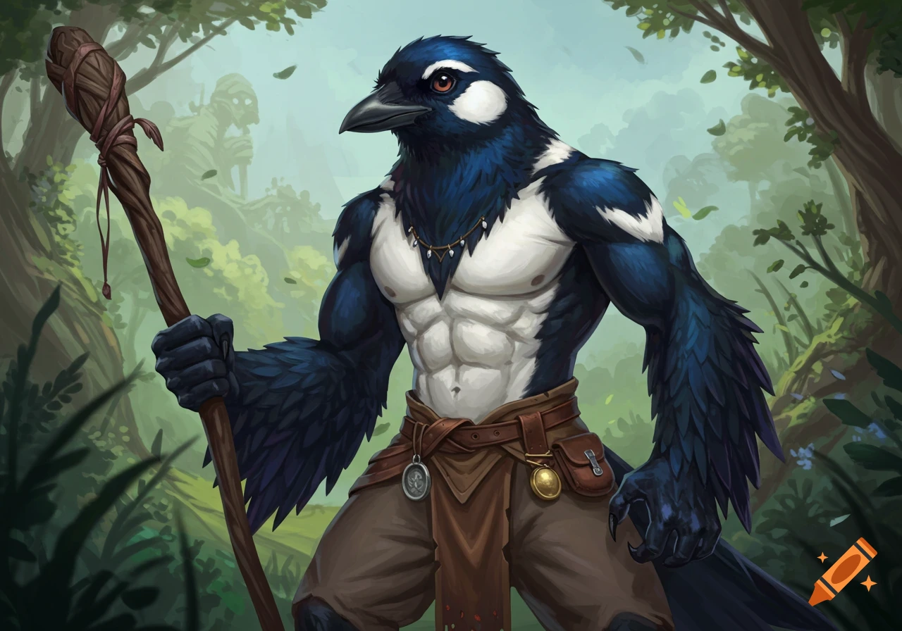 Fantasy illustration of a muscular magpie-humanoid holding a staff in a ...