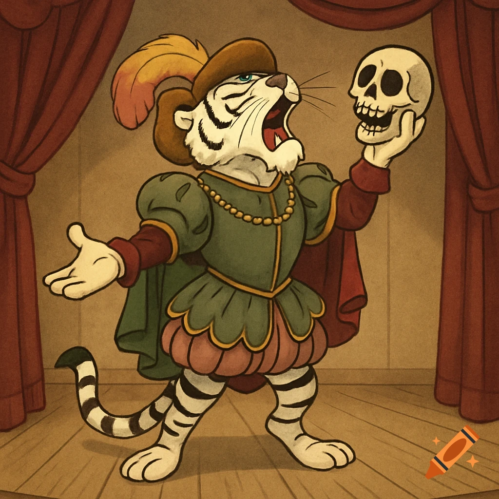 A vintage cartoon of a white tiger dressed in historical theatre garb ...