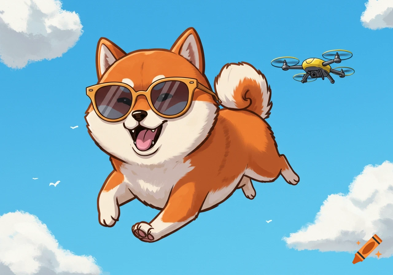 Cartoon Shiba Inu wearing sunglasses flying with a drone in a blue sky ...