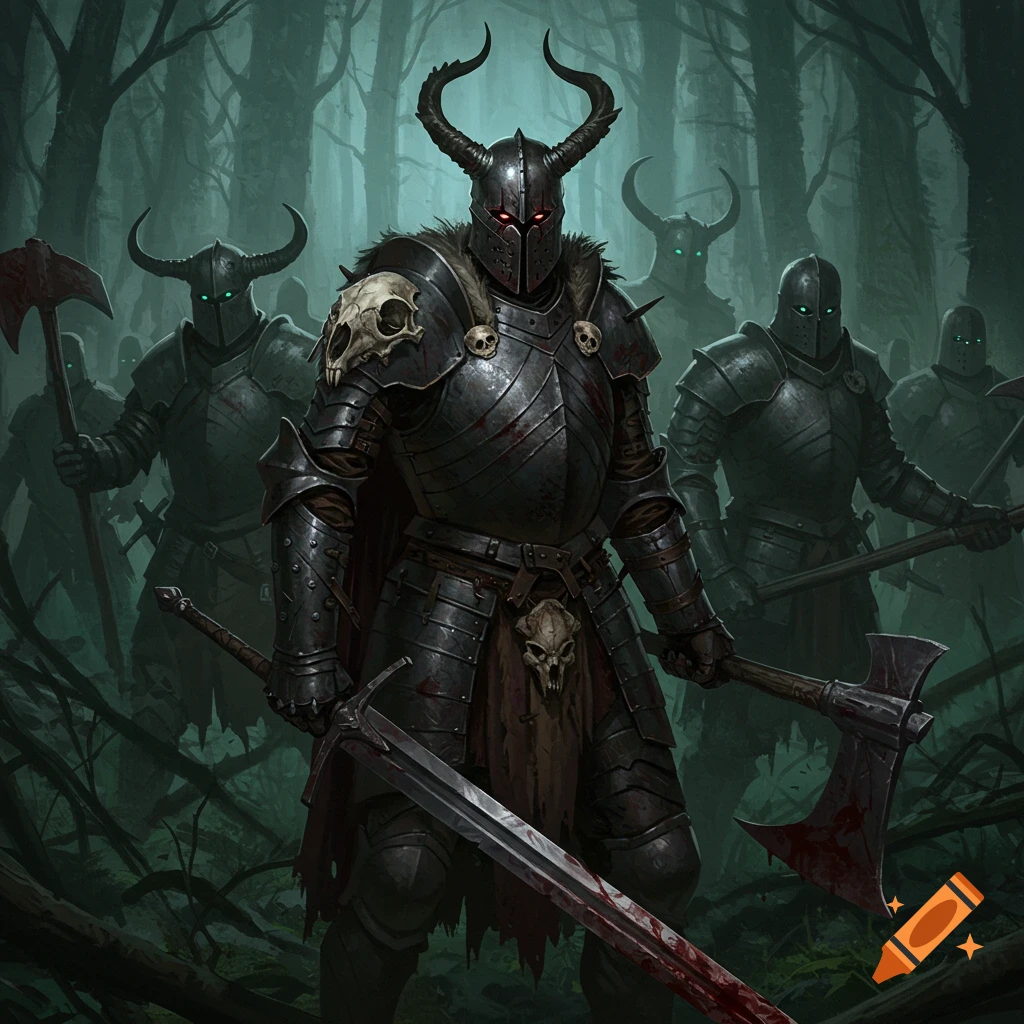 Dark fantasy knights in horned armor with glowing eyes stand in a ...