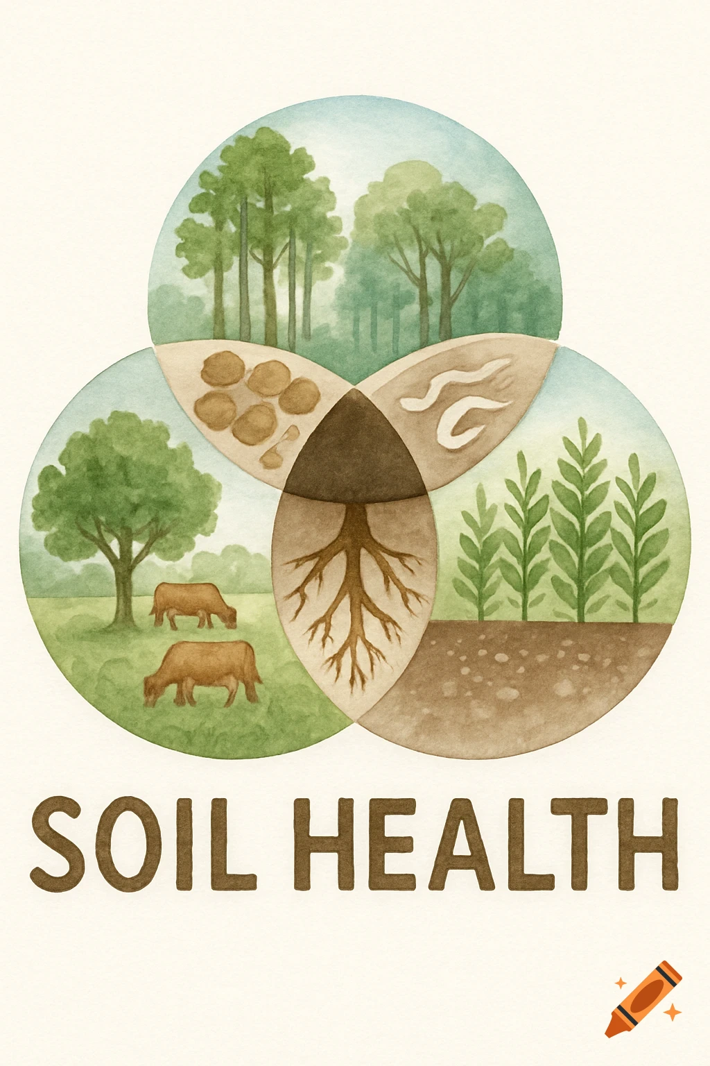 Watercolor diagram showing forest, silvopasture, and bioenergy systems intersecting with soil ...