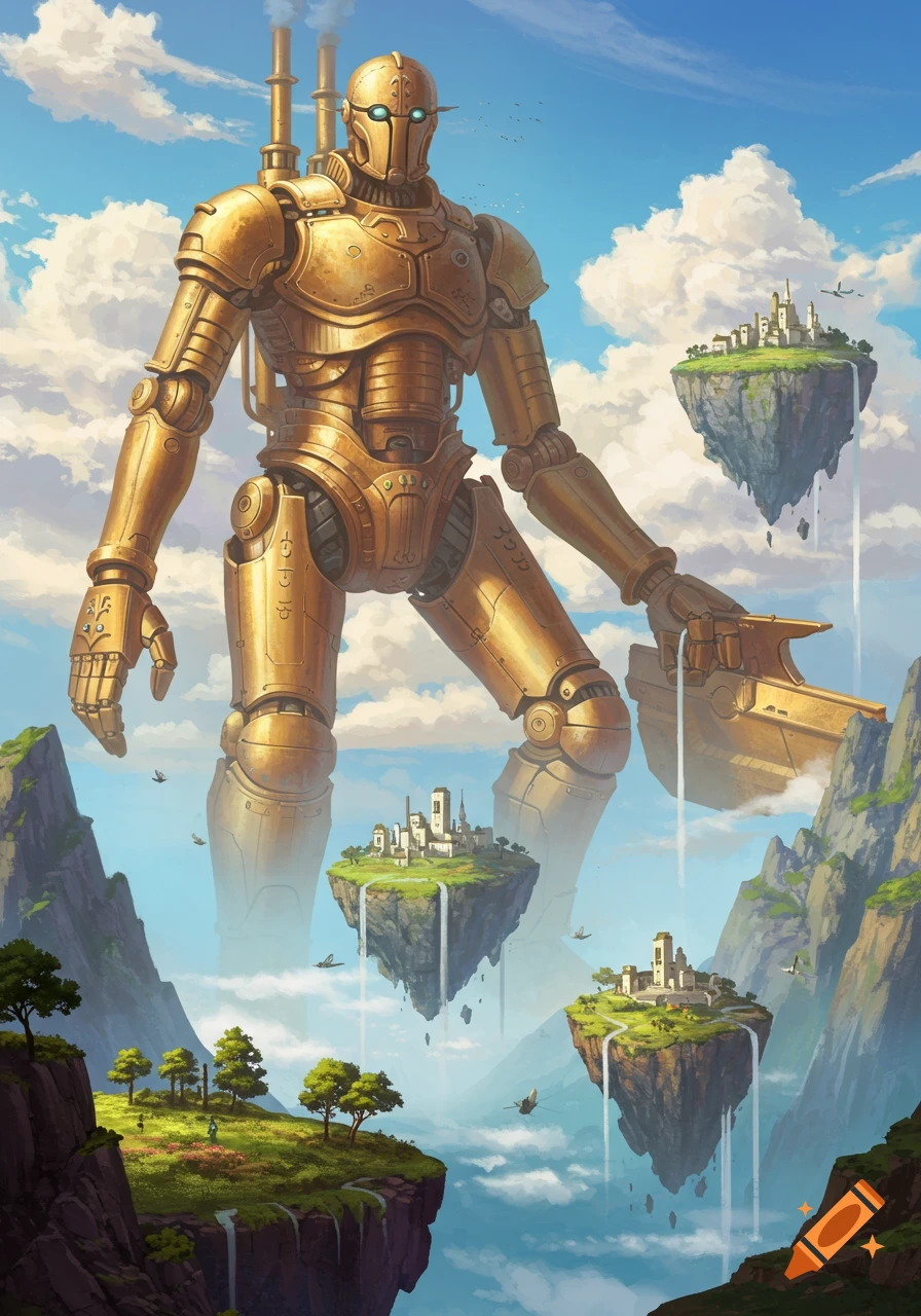 A giant golden automaton stands among floating islands with waterfalls ...
