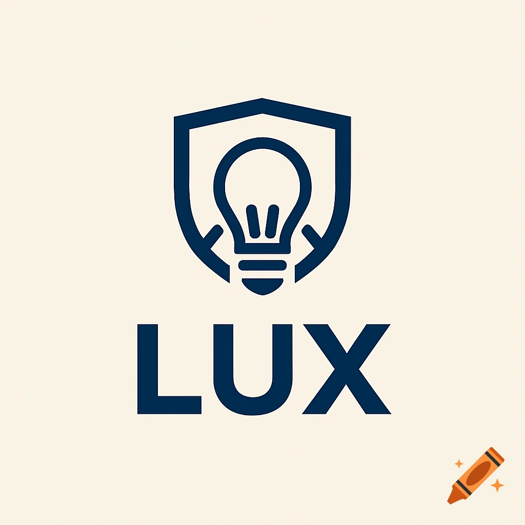 Logo for LUX featuring a lightbulb inside a shield icon. on Craiyon
