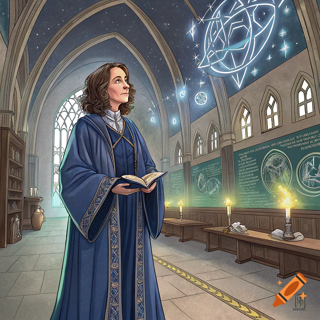 Woman in blue robe reads book in a large magical hall with a glowing ...