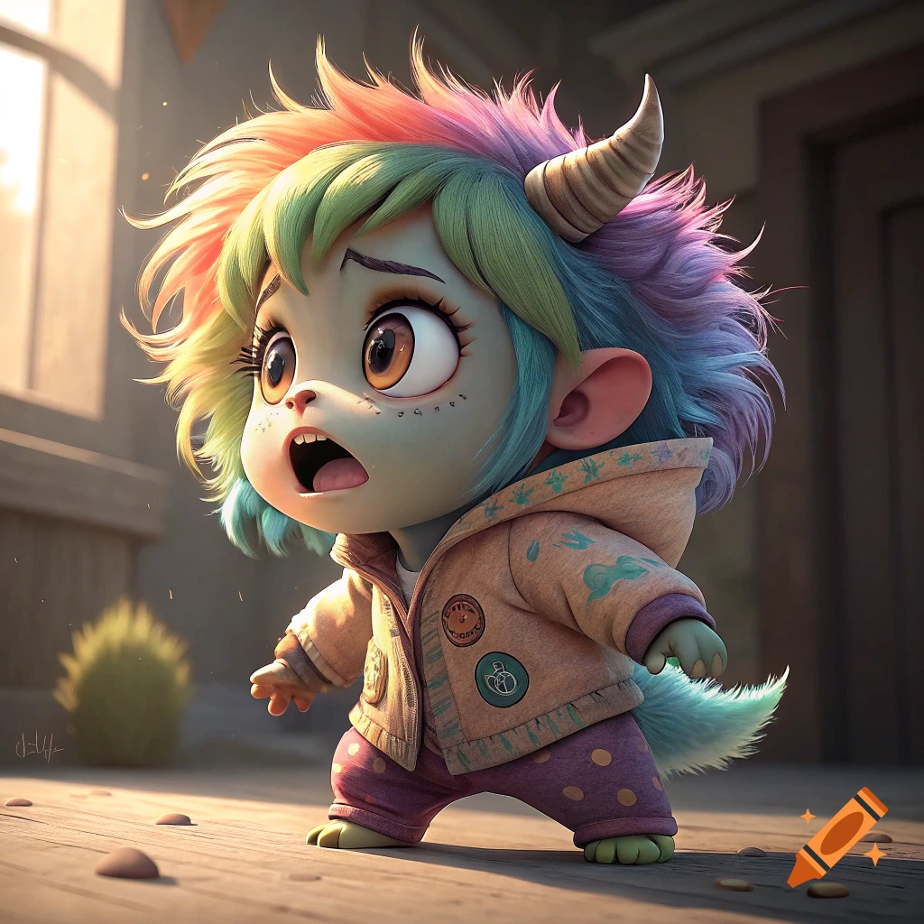 Cute stylized monster character with rainbow hair and horns, wearing a jacket, standing outside ...