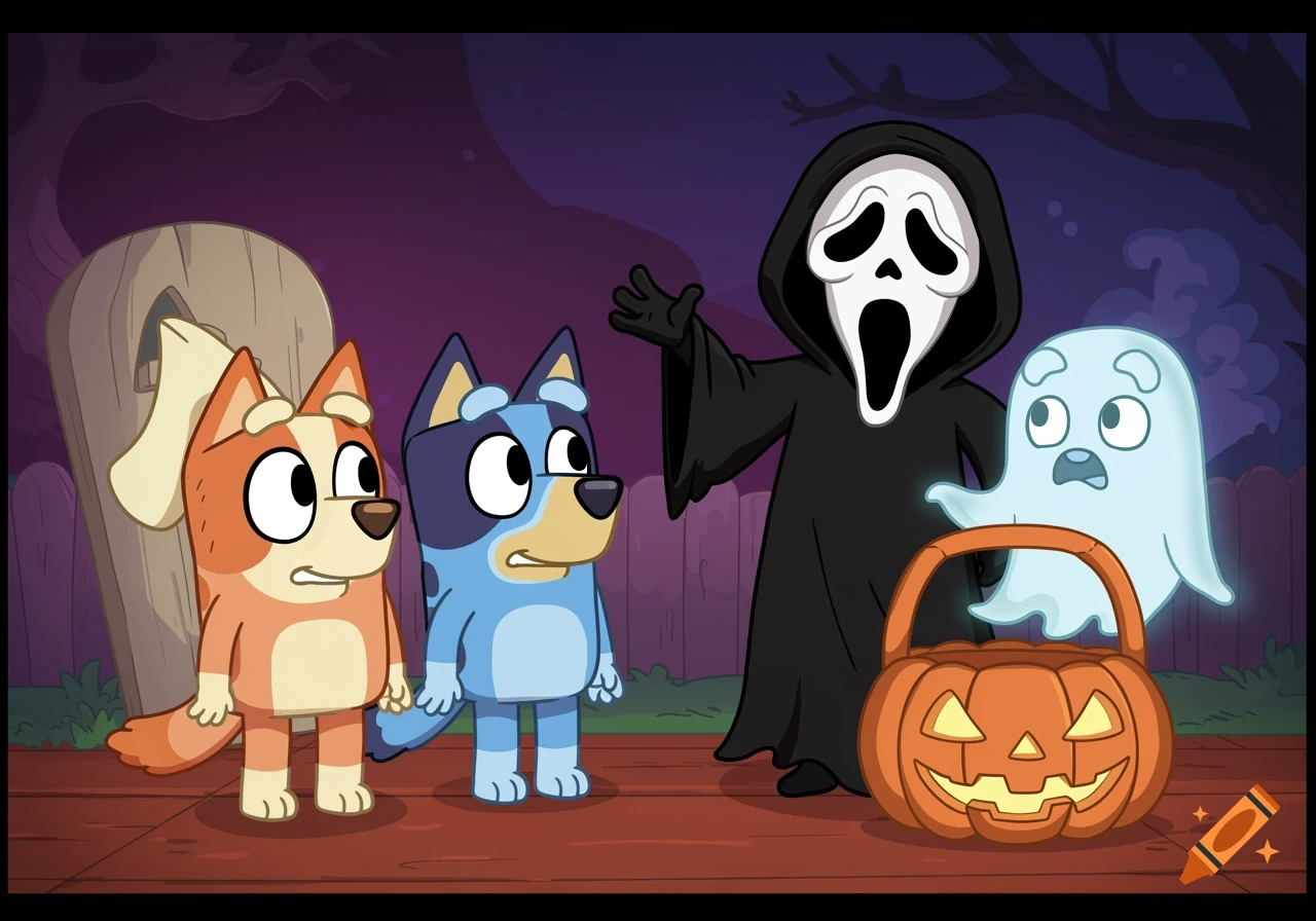 Bluey style dogs and a ghost trick-or-treating with a figure dressed as ...