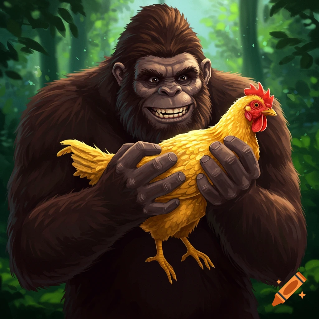 Illustration of a Sasquatch holding a golden chicken in a forest. on ...